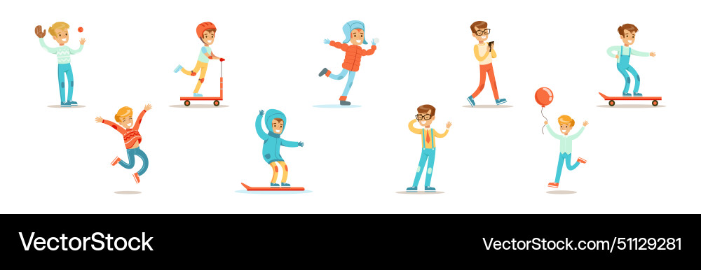 Funny boy character enjoy different activity Vector Image