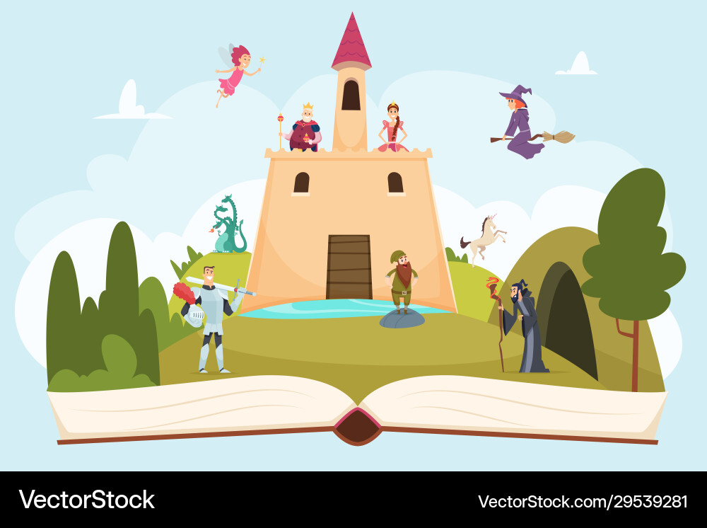 Open fairy tale book fantasy background Royalty Free Vector