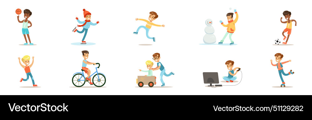 Funny boy character enjoy different activity Vector Image