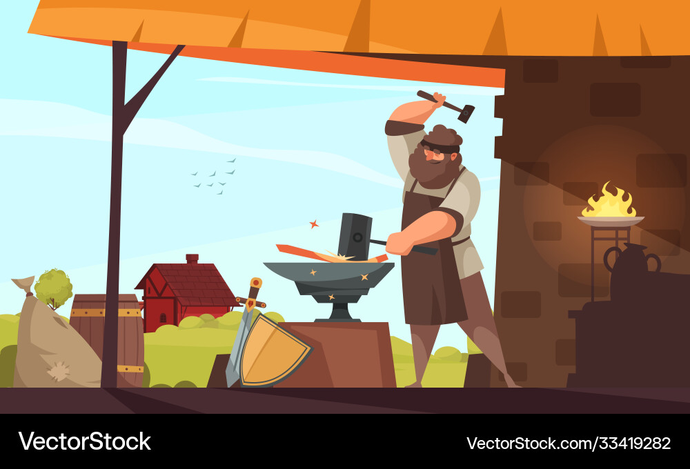 Medieval people blacksmith composition Royalty Free Vector