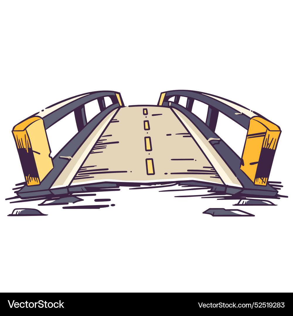 Handdrawn cartoon bridge damaged roadblock ahead Vector Image