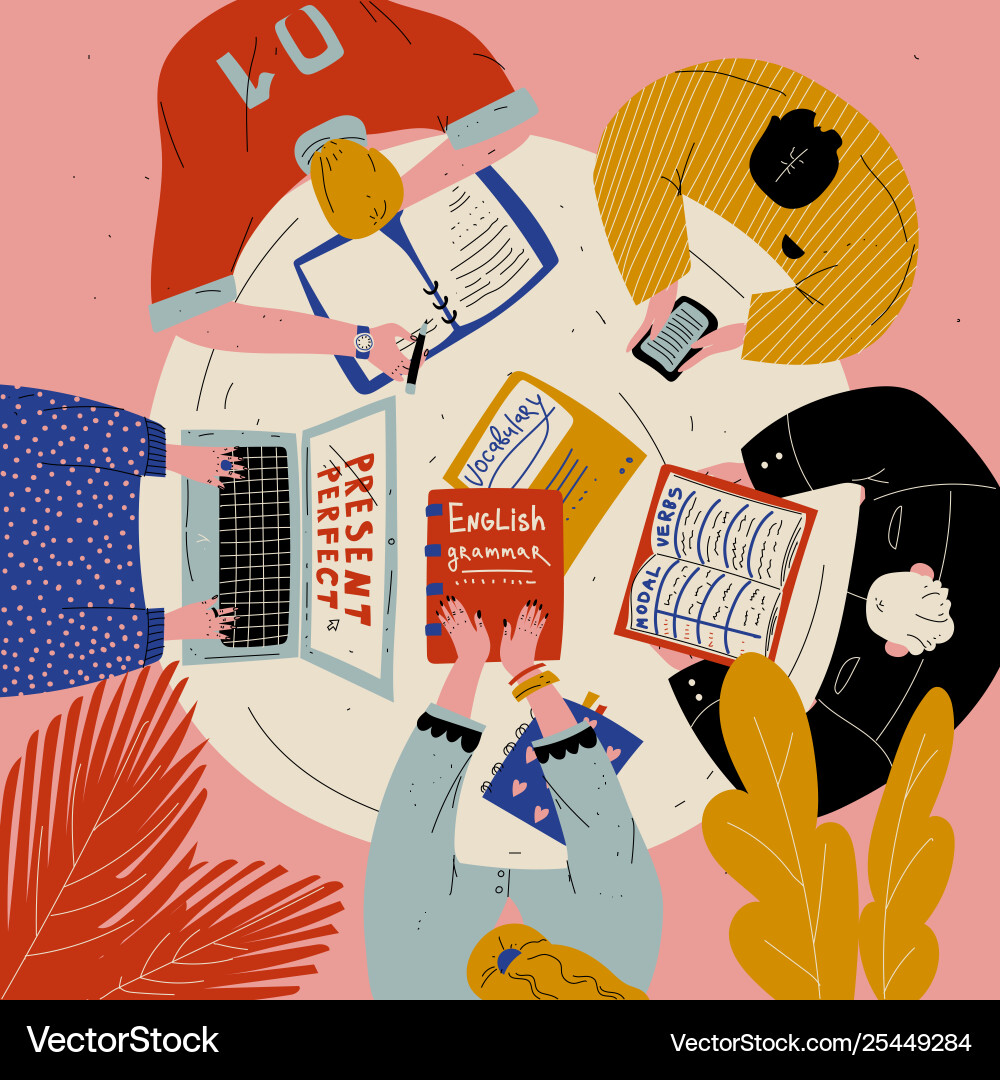 Top view young people sitting at table Royalty Free Vector