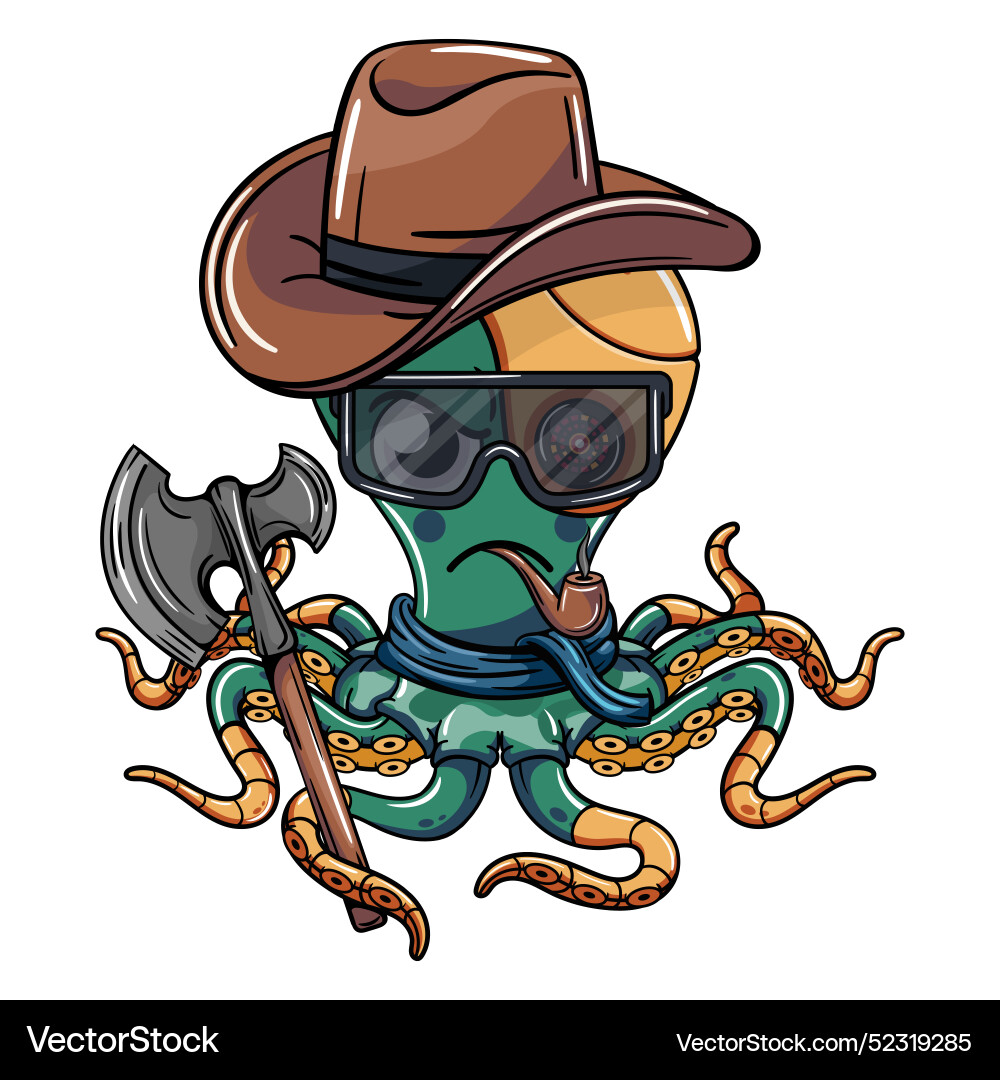 Cartoon cyborg octopus cowboy with a hat Vector Image