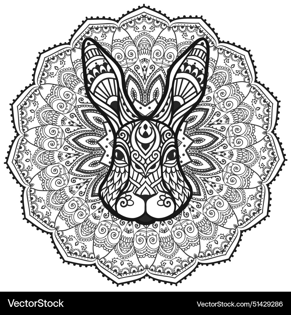 Rabbit head mandala coloring Royalty Free Vector Image