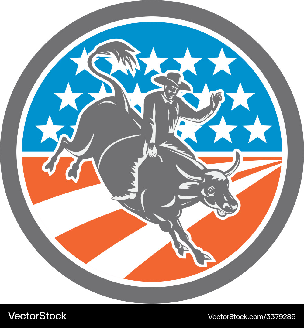 Rodeo cowboy bull riding flag circle retro Vector Image