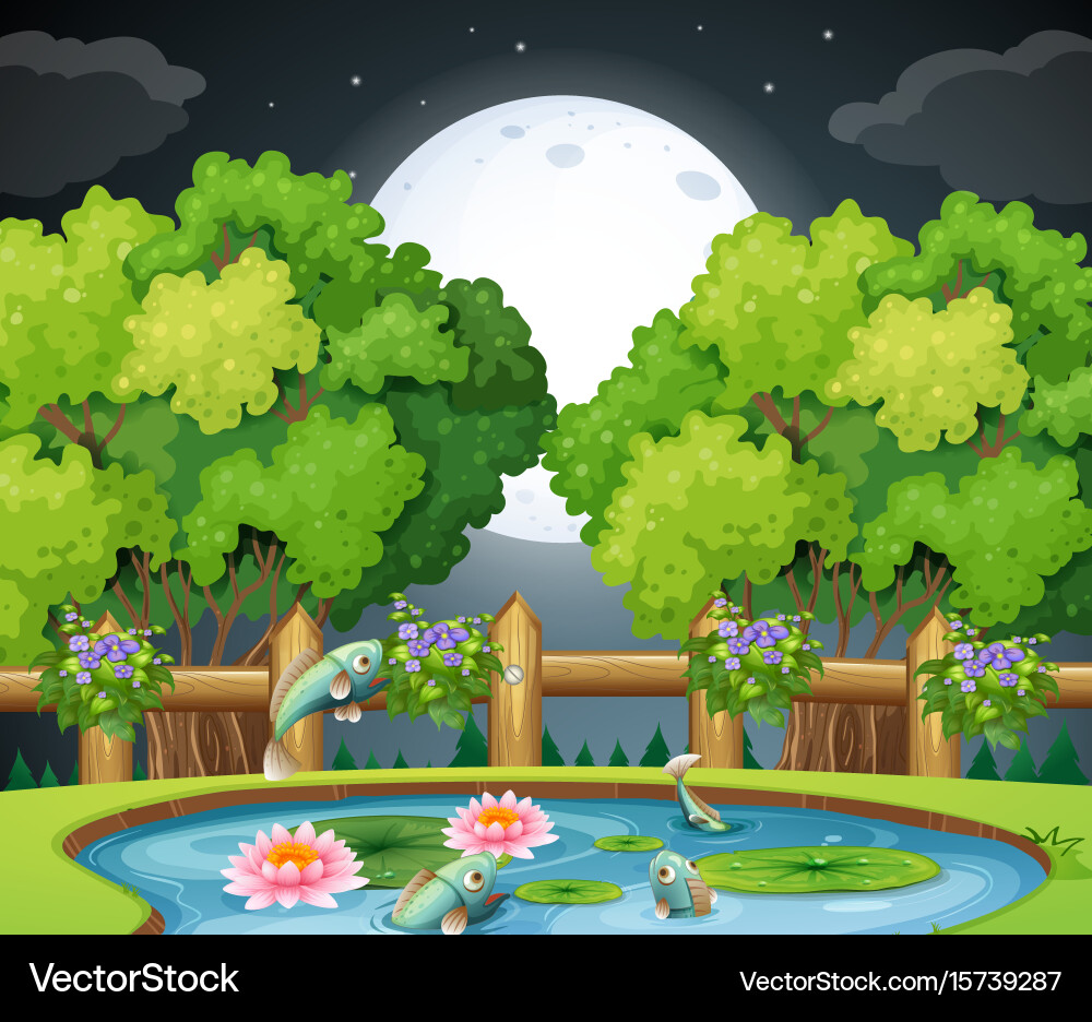 Fish in the pond at nighttime Royalty Free Vector Image