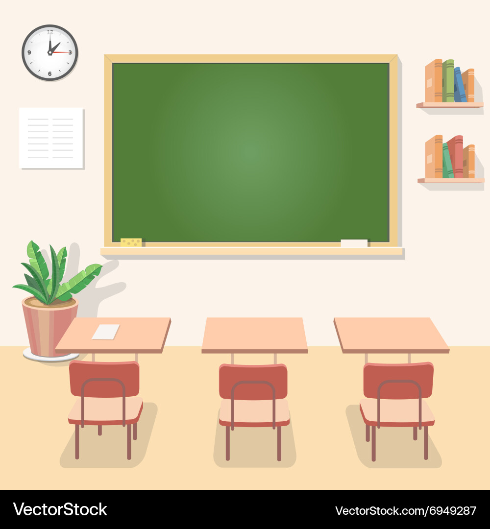 School classroom with chalkboard and desks class Vector Image