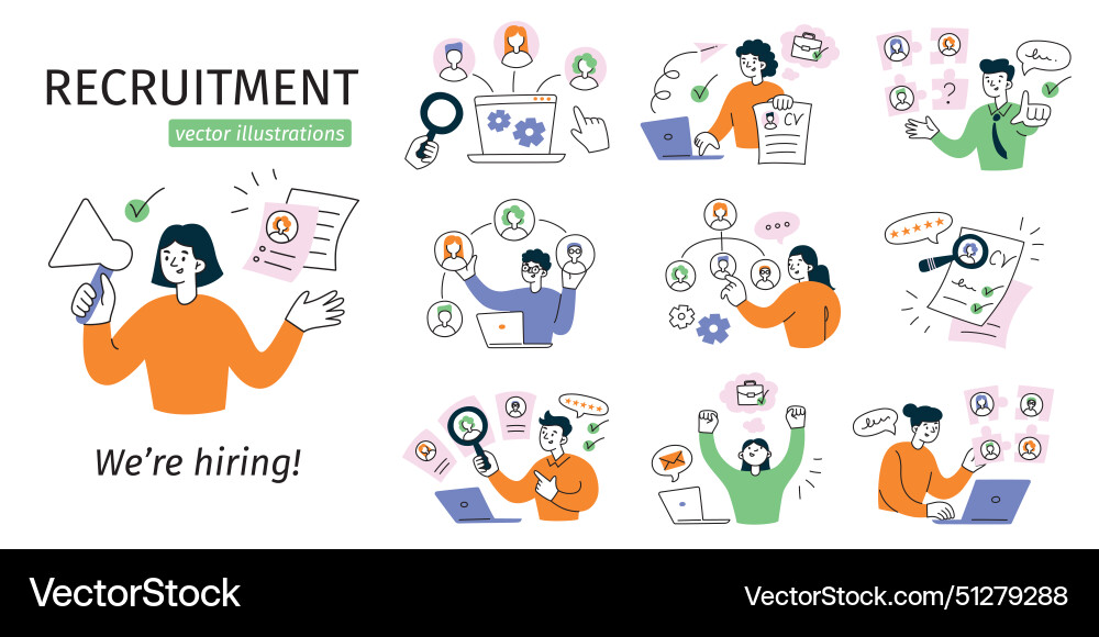 Recruitment scenes set human resources Royalty Free Vector