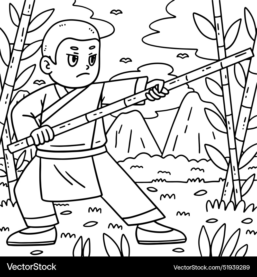 Buddhism shaolin monk with bamboo stick coloring Vector Image