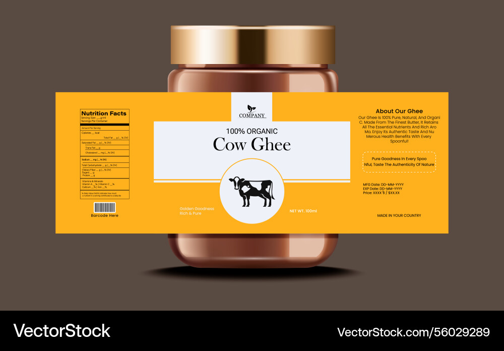 Cow ghee jar label template Royalty Free Vector Image