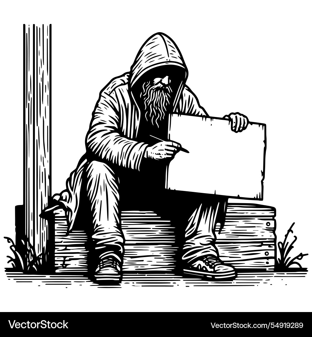 Homeless man sitting with blank sign Royalty Free Vector