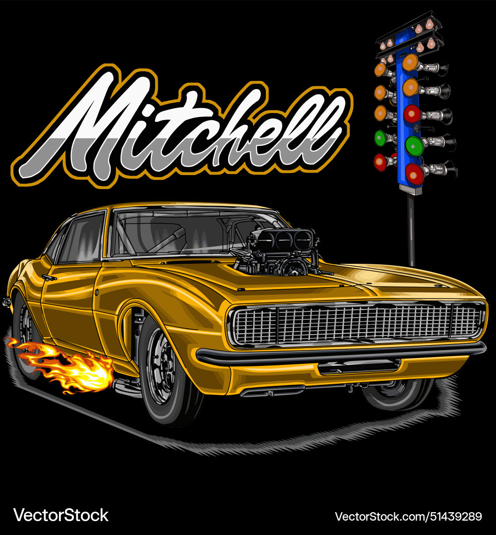 Yellow drag racing car with grey strip Royalty Free Vector