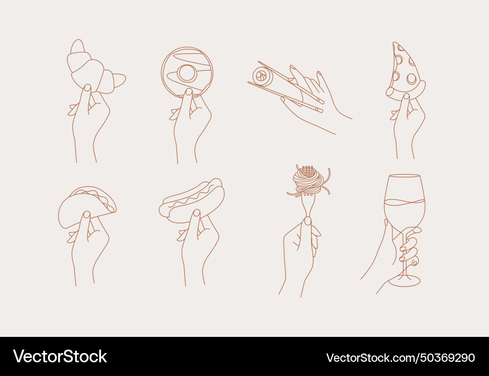 Hand holding food set brown Royalty Free Vector Image