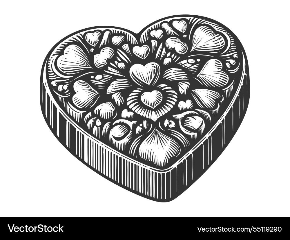 Heart-shaped chocolate box engraving sketch Vector Image