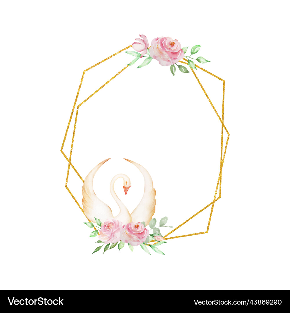 Watercolor white swan with golden frame Royalty Free Vector