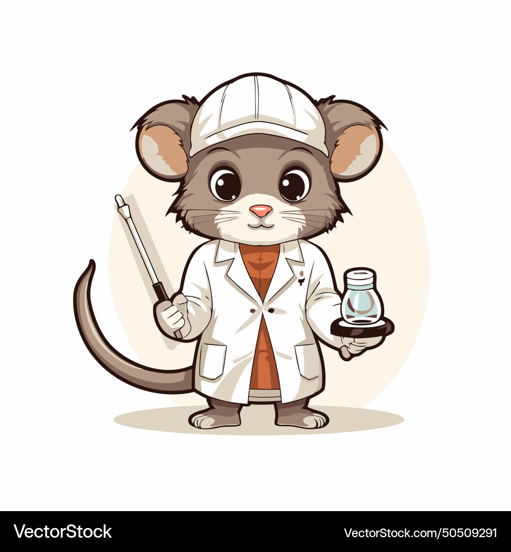 Mouse doctor in lab coat and cap holding a flask Vector Image