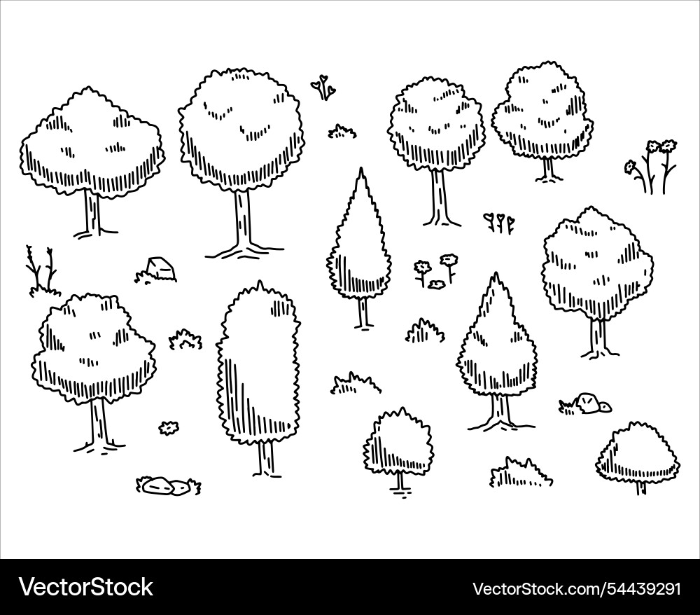 Tree drawing set doodle contour oak Royalty Free Vector
