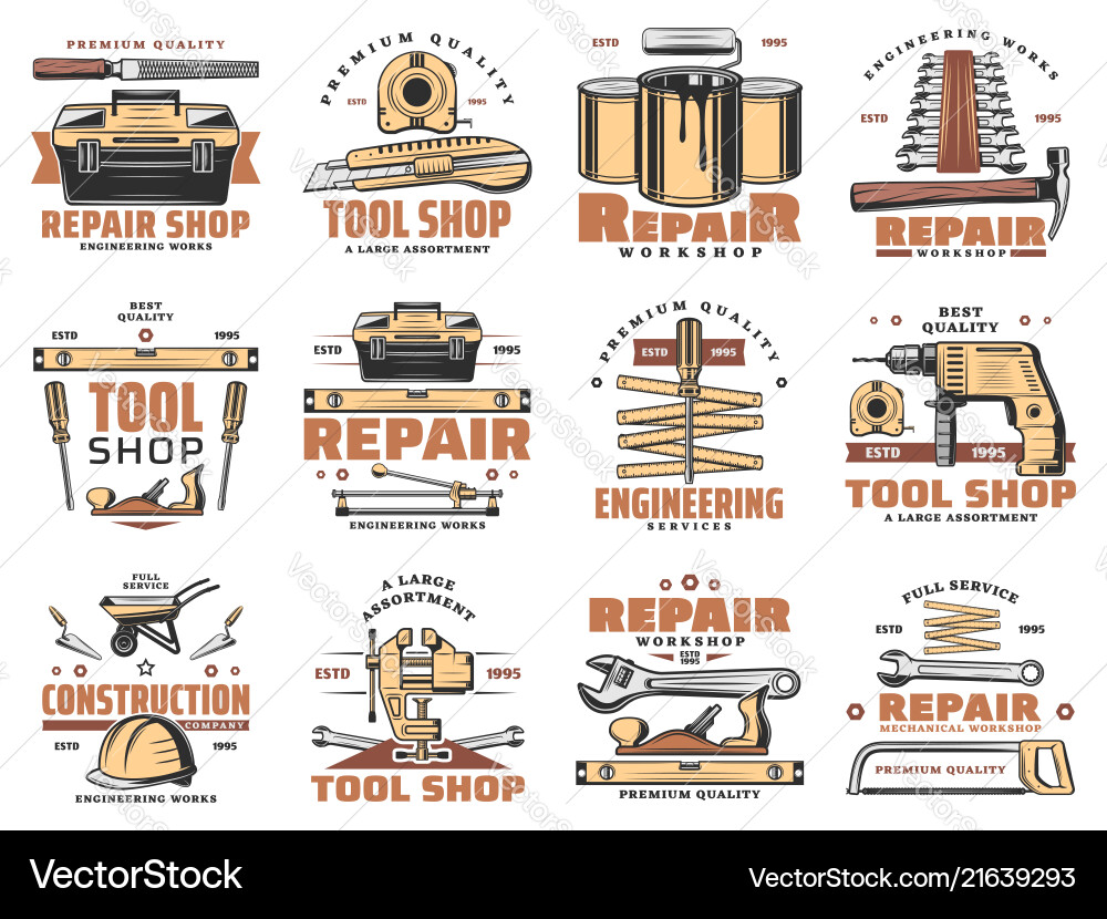 Repair and service work tools workshop icons Vector Image