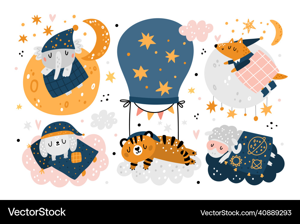Sleeping baby animals cute kids characters Vector Image
