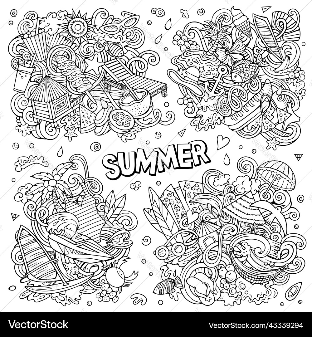 Sommer Strand Cartoon Doodle Designs Set Vektorbild
