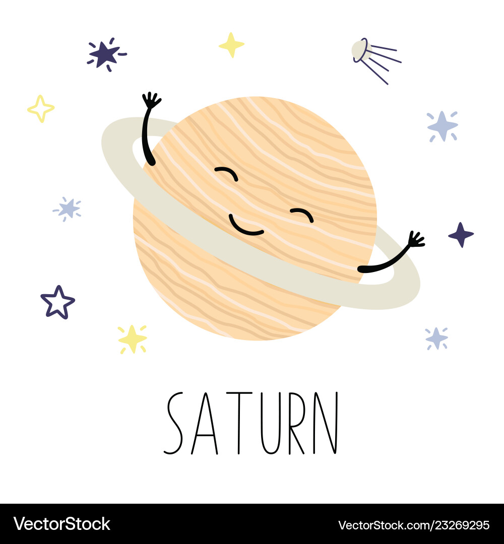 Cute cartoon saturn planet character Royalty Free Vector