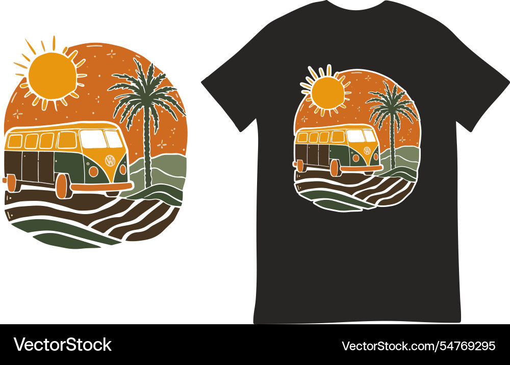 Retro vw camper van graphic tee design Royalty Free Vector