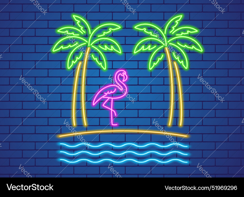 Neon glowing flamingo and palm trees Royalty Free Vector