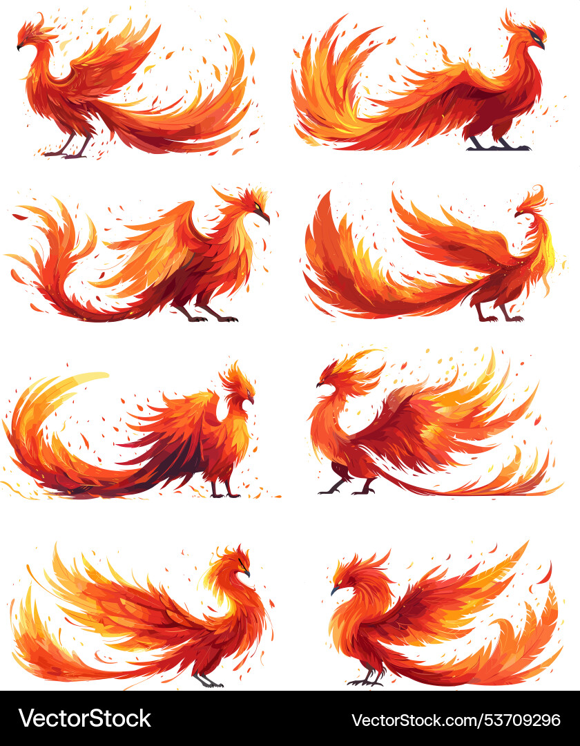 Phoenix cartoon set fiery bird feather Royalty Free Vector
