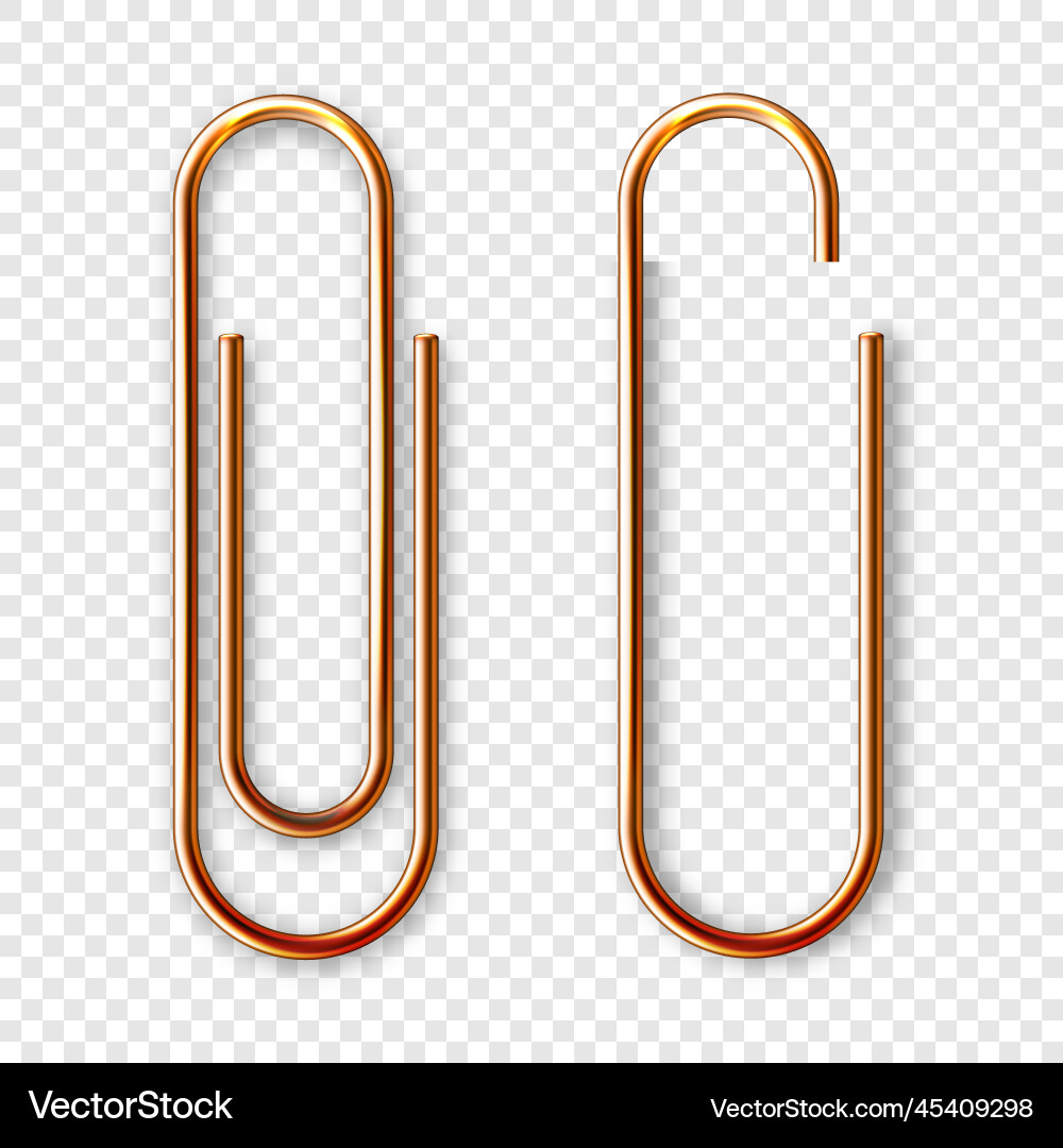 Realistic copper paperclip attached to paper Vector Image