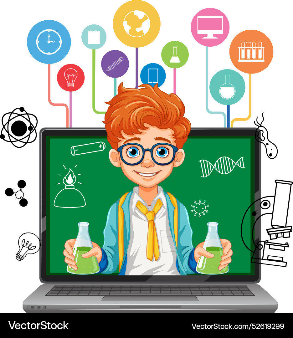 Child with lab equipment on laptop screen Vector Image