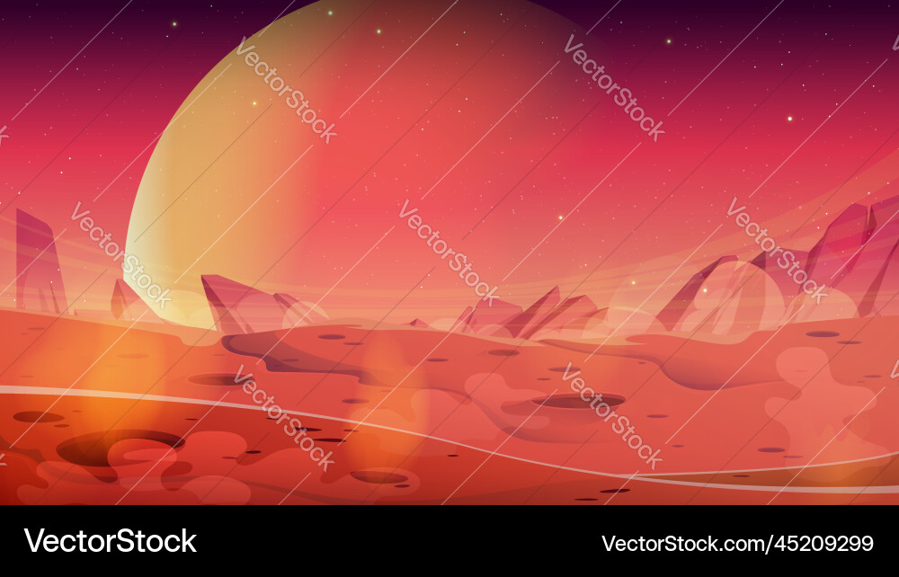 Mars landscape with craters and red rocky surface Vector Image