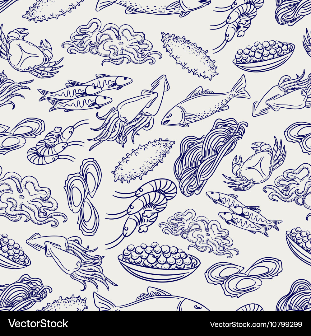 Seafood Seamless Pattern - Shells & Shrimp Vector Image
