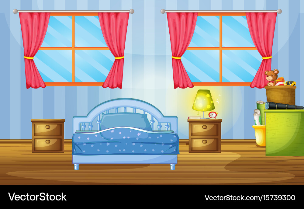Bedroom with blue bed and wallpaper Royalty Free Vector