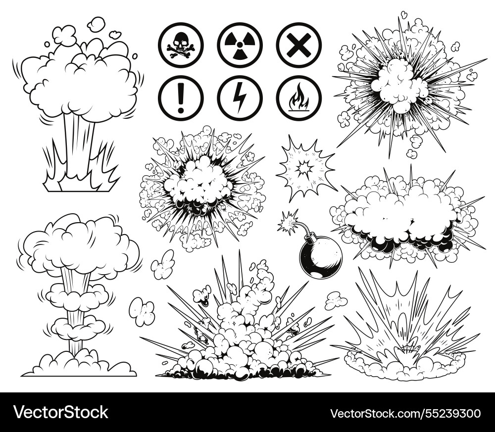 Explosions and hazard symbols in black white Vector Image