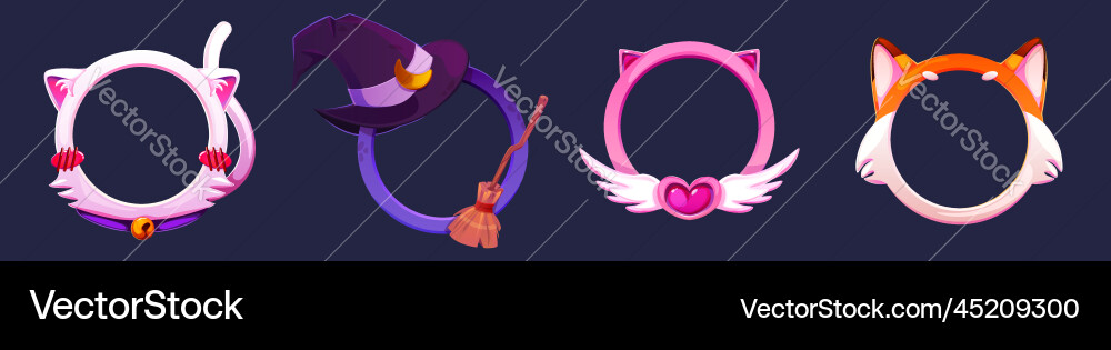 Game avatar frames with cats fox ears witch hat Vector Image