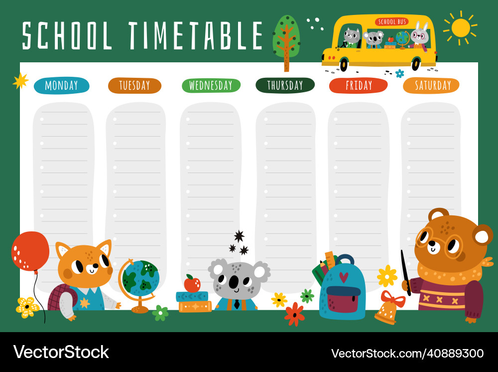 School animals timetable educational week planner Vector Image