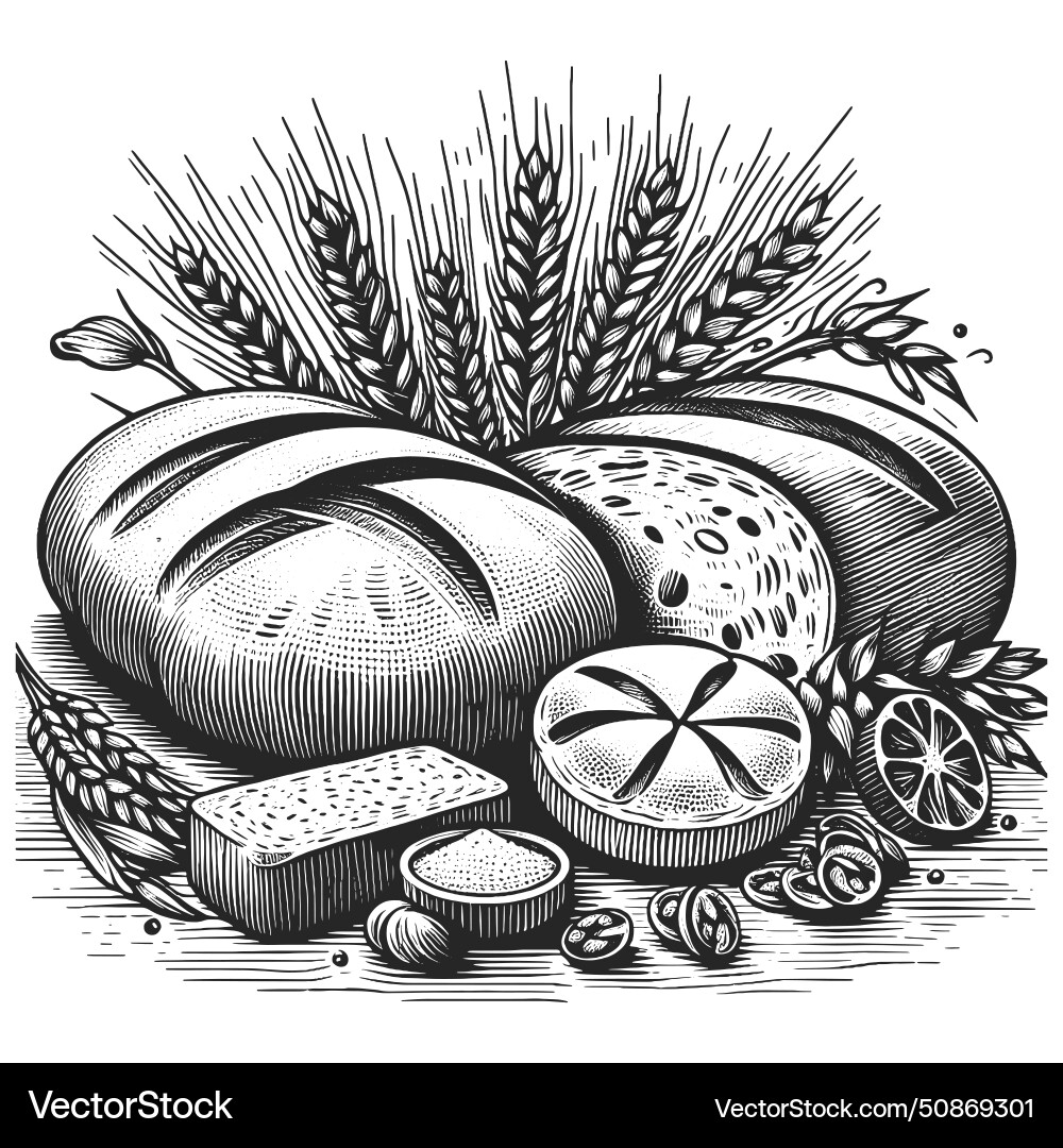 Bread and wheat engraving Royalty Free Vector Image