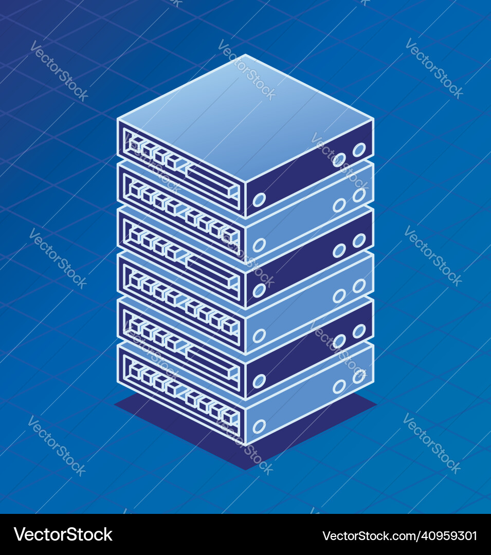 Server-Rack isometrische Kontur Objekt auf blau Vektorbild