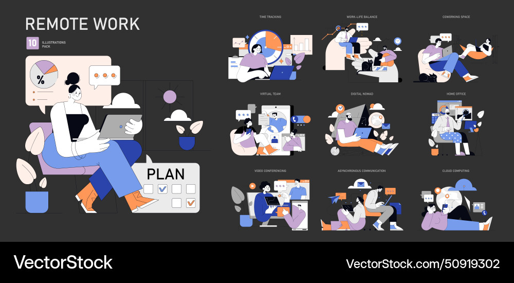 Remote work set Royalty Free Vector Image - VectorStock