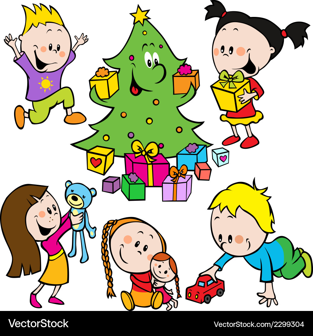 Children playing with toys and christmas tree Vector Image