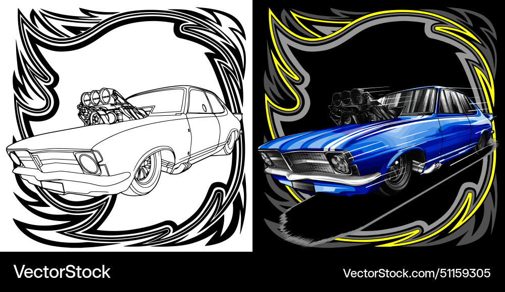 Blue drag racing car with yellow strip Royalty Free Vector