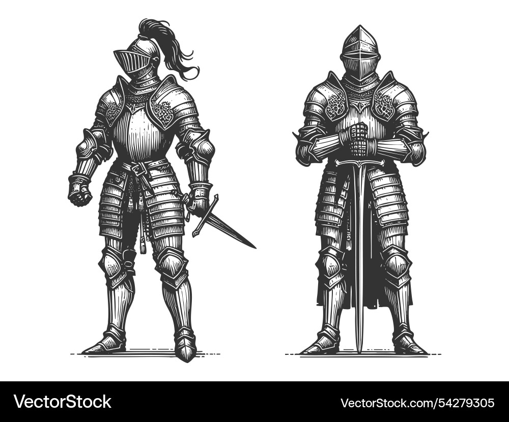 Medieval knight in full armor engraving Royalty Free Vector