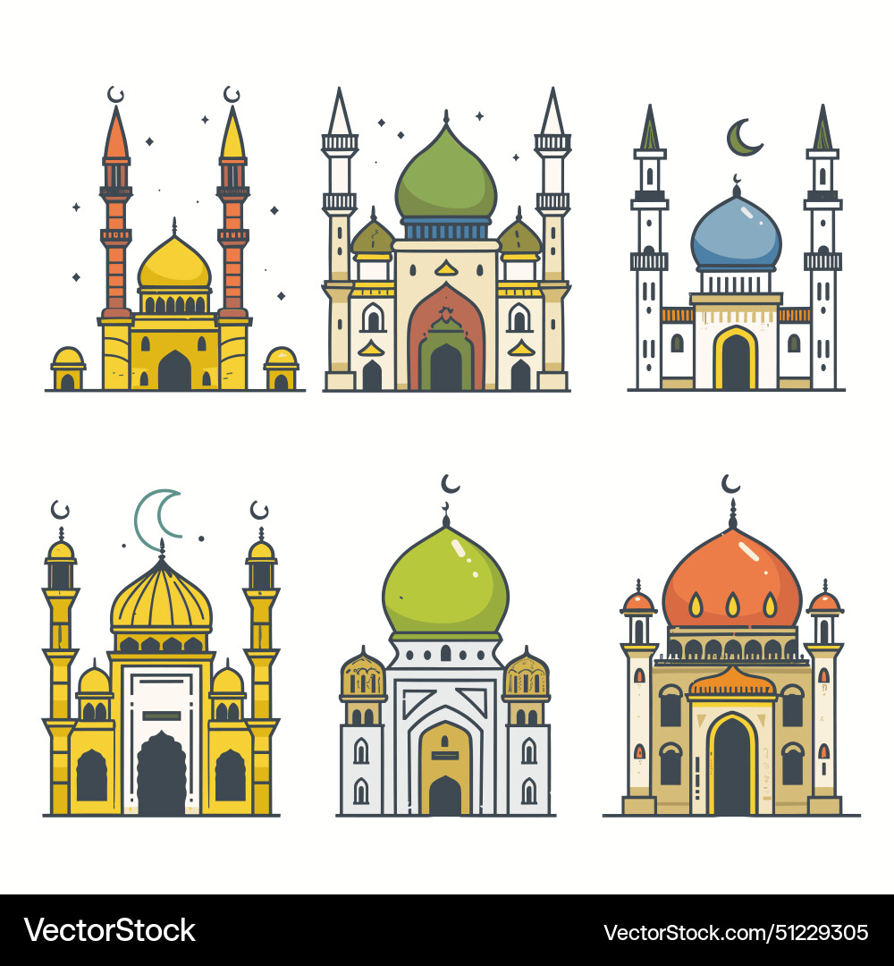 Set six colorful mosque distinct Royalty Free Vector Image