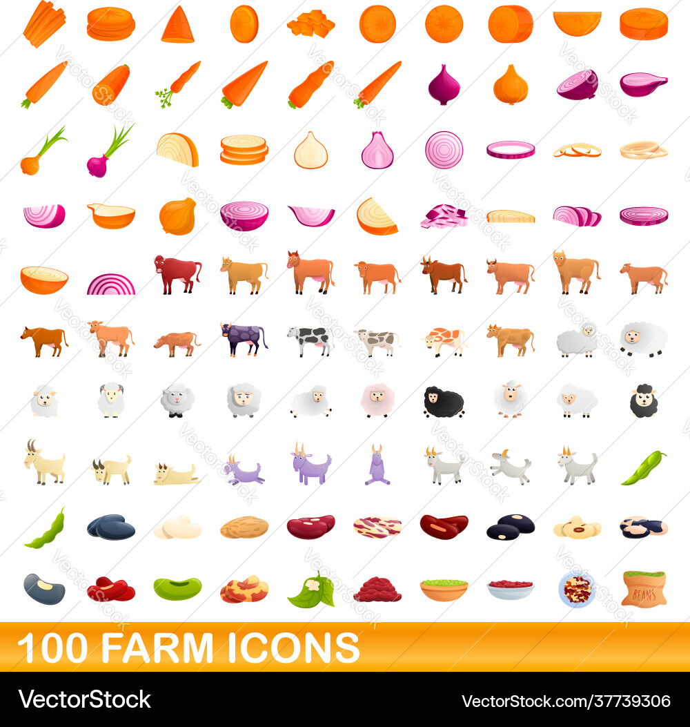 100 farm icons set cartoon style Royalty Free Vector Image
