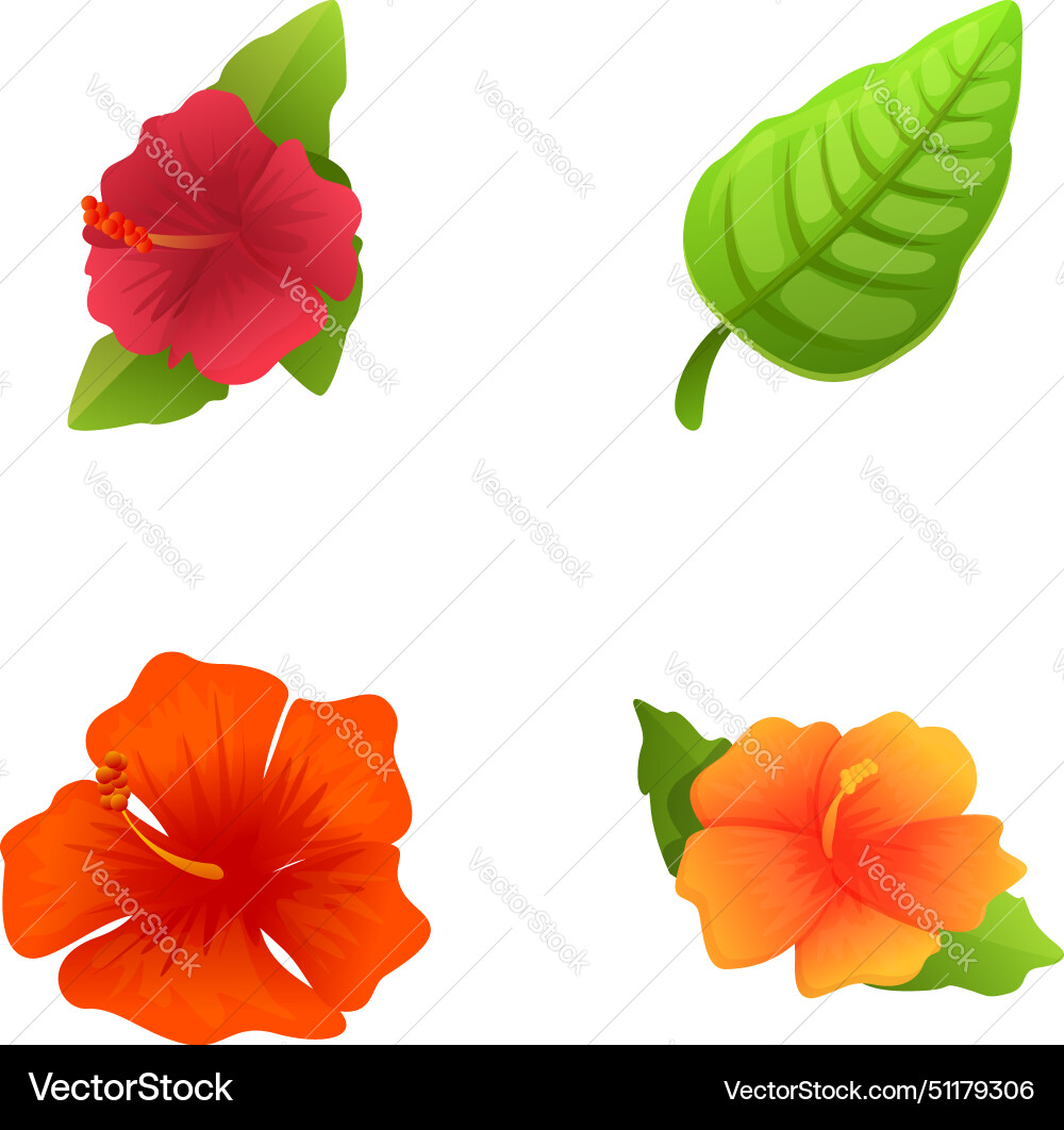 Hibiscus icons set cartoon blooming red Royalty Free Vector