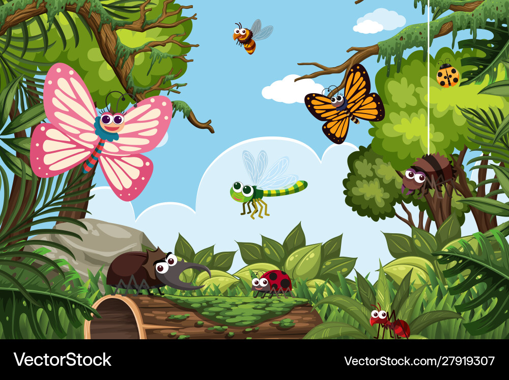 Insects in jungle scene Royalty Free Vector Image