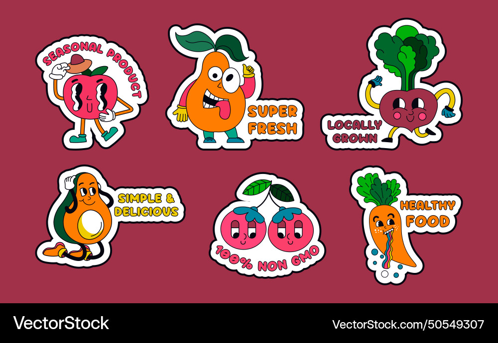 Sticker design set with fruits and vegetables Vector Image