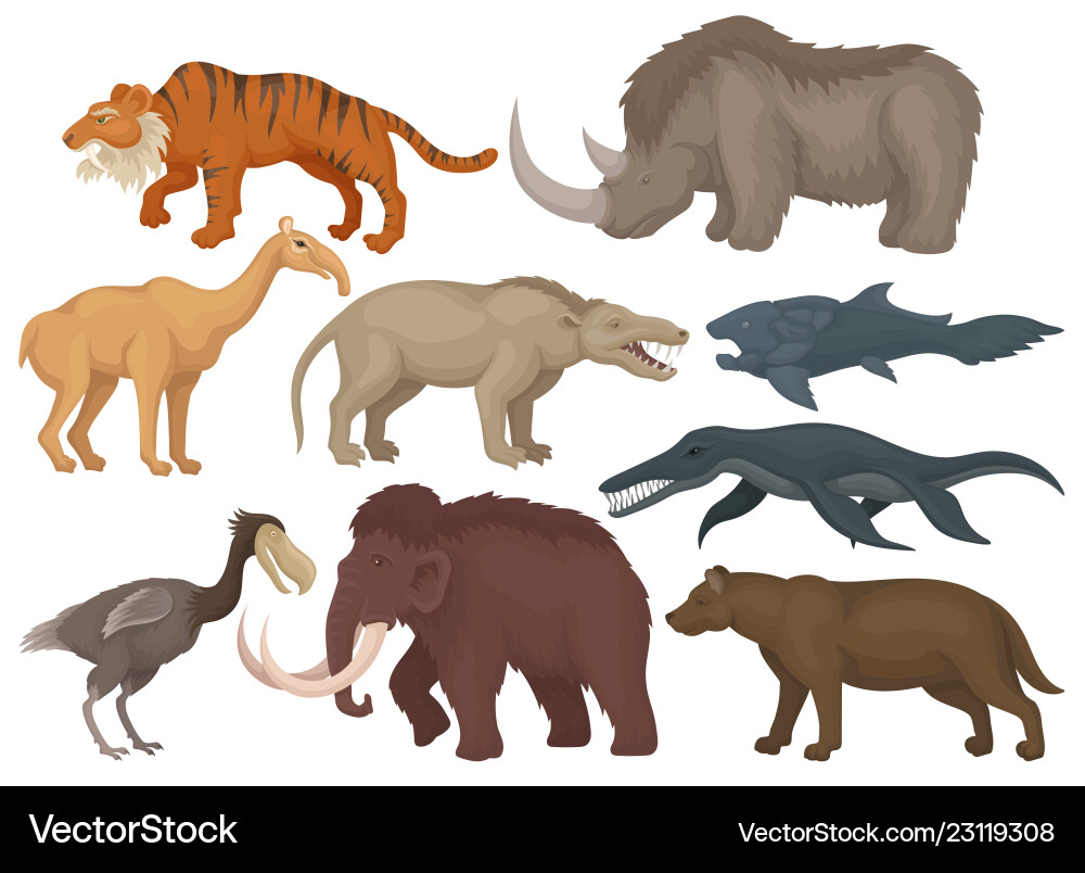Flat set of different extinct prehistoric Vector Image