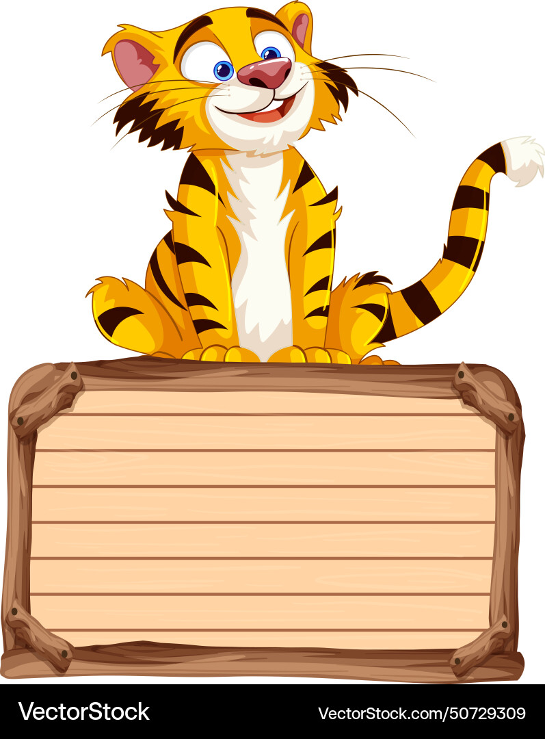 Animated tiger sitting behind a blank signboard Vector Image