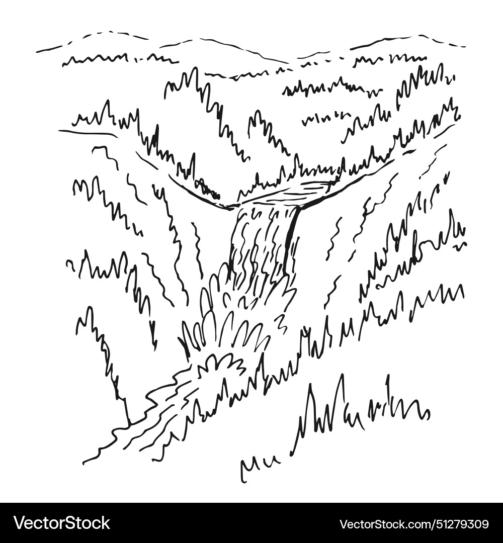 Waterfall in mountains hand drawn Royalty Free Vector Image